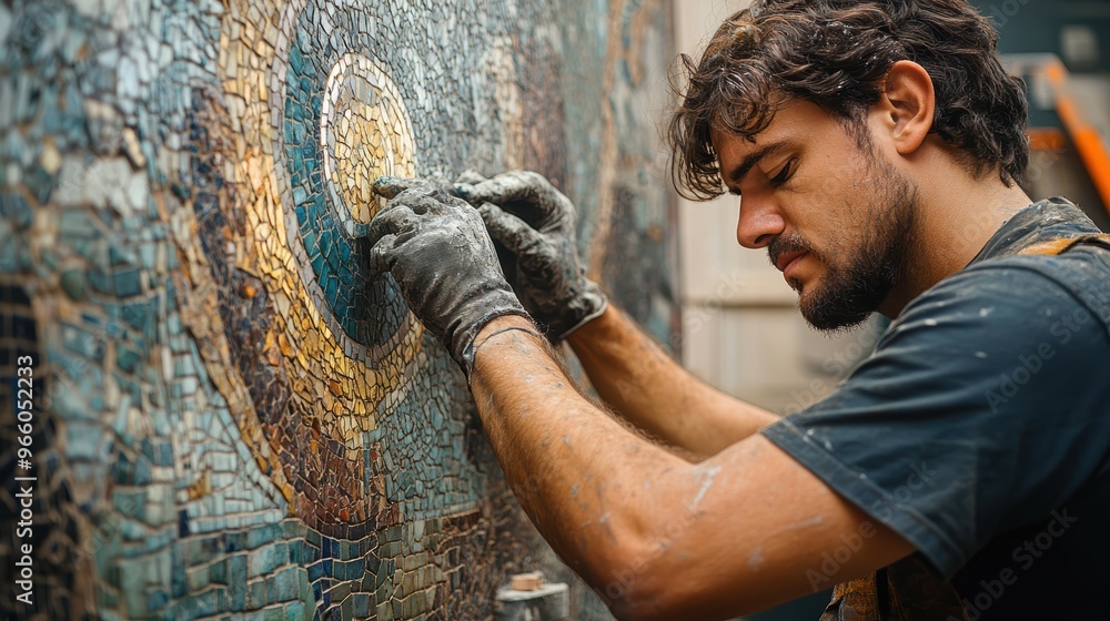 Talented tile artist artfully designing and installing a mosaic mural ...