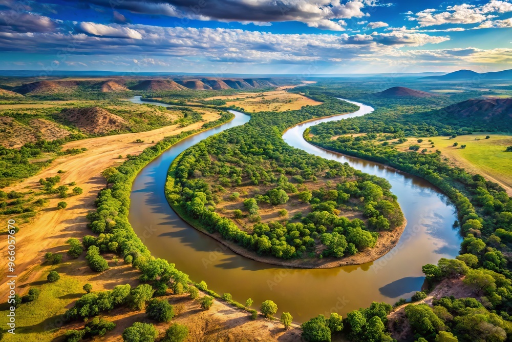 Aerial View Of The Limpopo River Winding Through The African Landscape, Forming A Natural Border ...