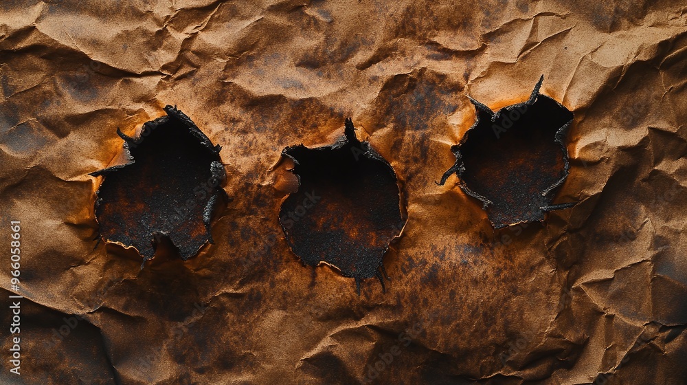 wrinkled brown paper with three burnt holes and scorched edges, close ...