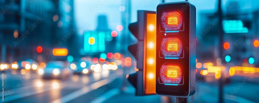 Holographic smart traffic signs, digital intersection alerts, urban ...