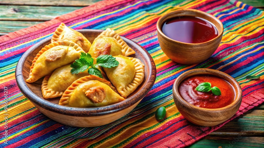 Colorful Bowl Of Traditional Bolivian Salteñas Empanadas With Aji Sauce ...
