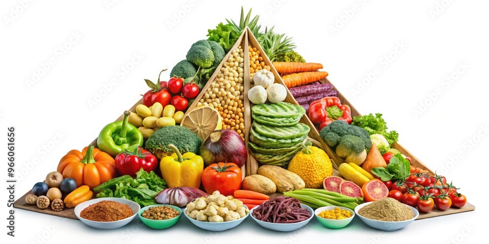 Colorful illustration of a food pyramid chart featuring healthy eating ...