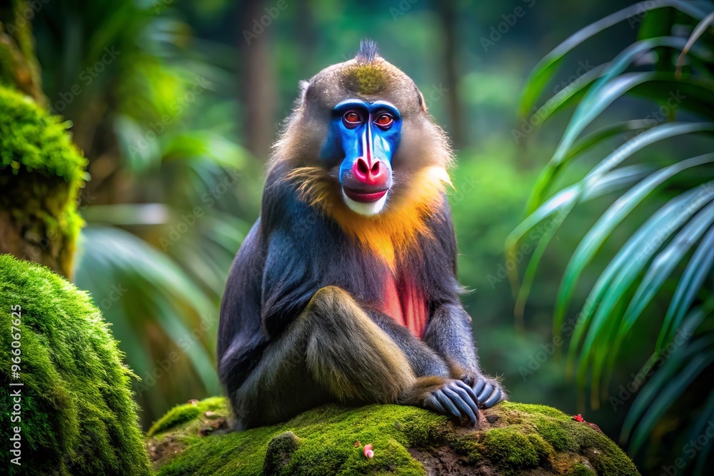 A majestic male mandrill with vibrant blue and red facial markings sits ...