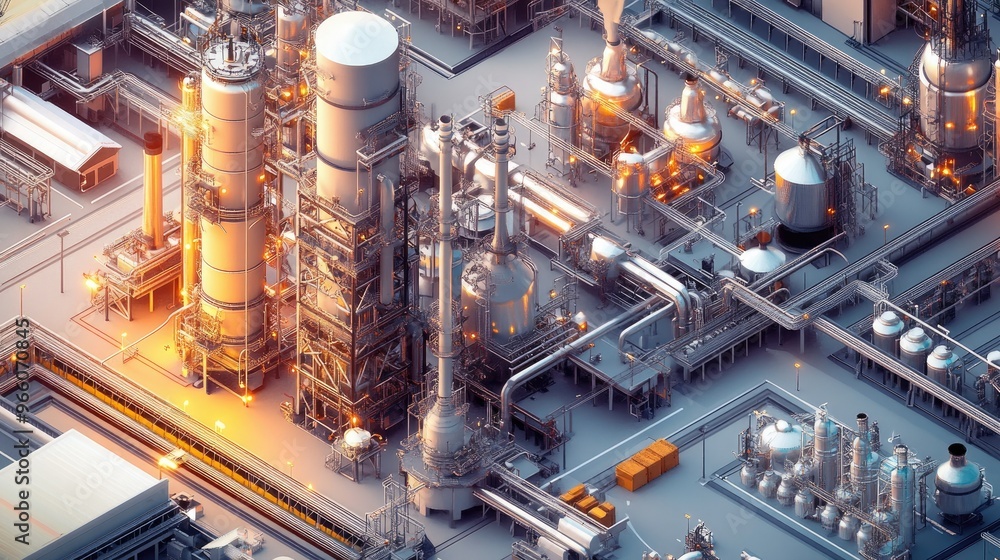 Chemical refinery with extensive industrial equipment, including ...