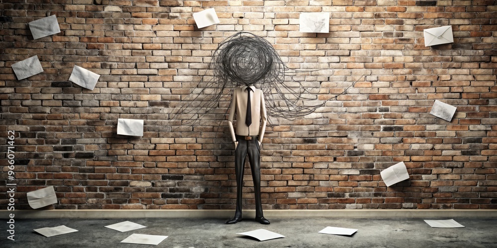 Frazzled stick figure character slumps against a worn brick wall ...