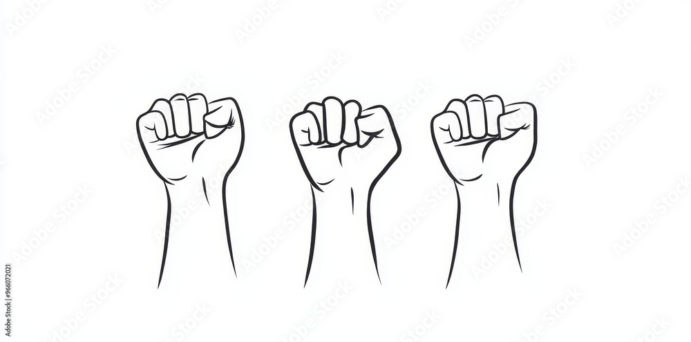 An illustration of three strong fists raised up in protest. One line ...