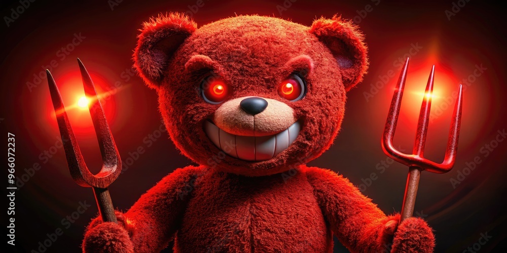 Furry Red Devil Teddy Bear With A Pitchfork, Evil Grin, And Piercing ...