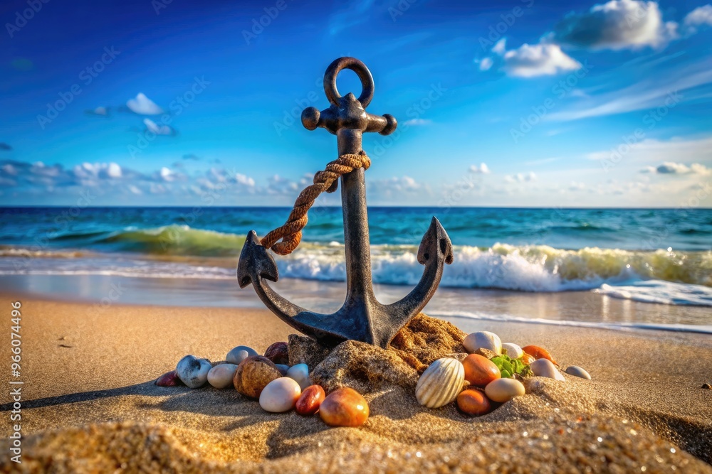 Heavy Metal Anchor Covered In Sand And Shells Against The Backdrop Of A ...
