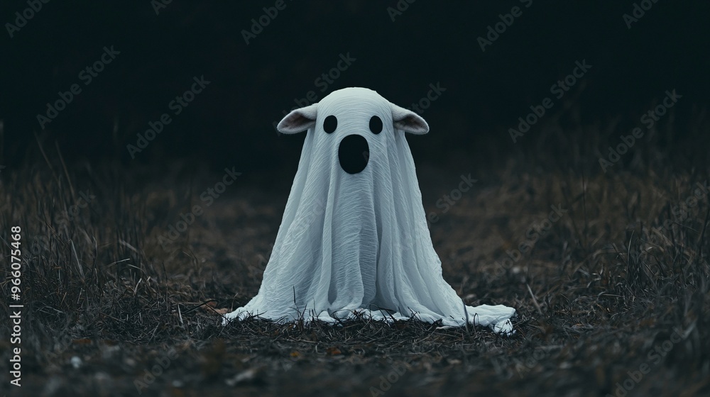 Sheep dressed as a ghost with a flowing white sheet, ghost sheep, farm ...