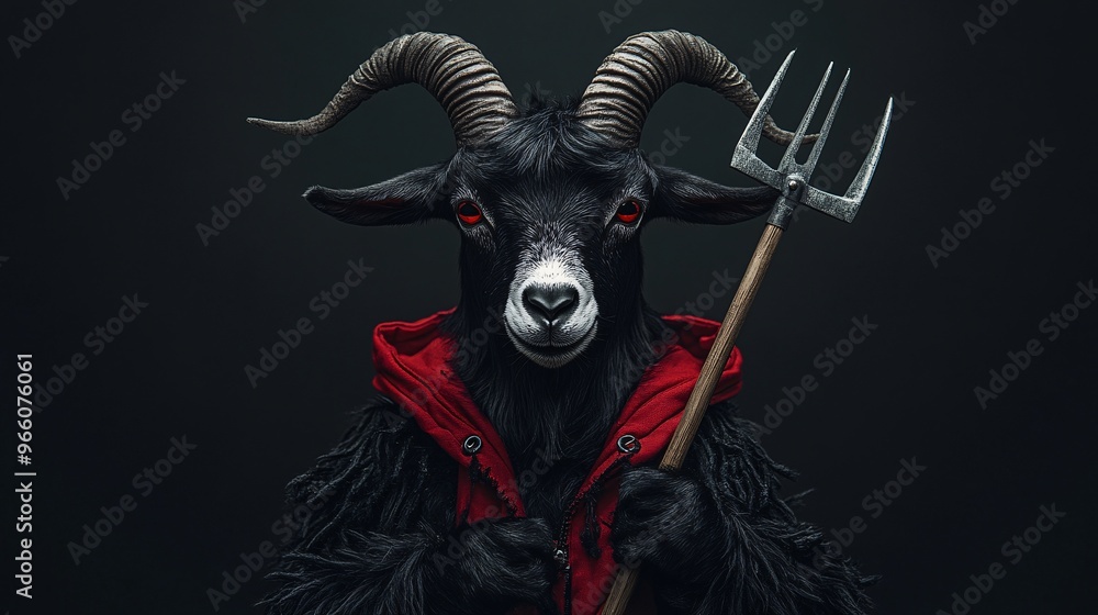 Goat in a devil costume with tiny horns and a pitchfork, devil goat ...