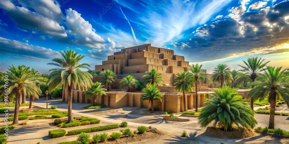 Ancient Mesopotamian ziggurat temple ruins surrounded by lush greenery ...