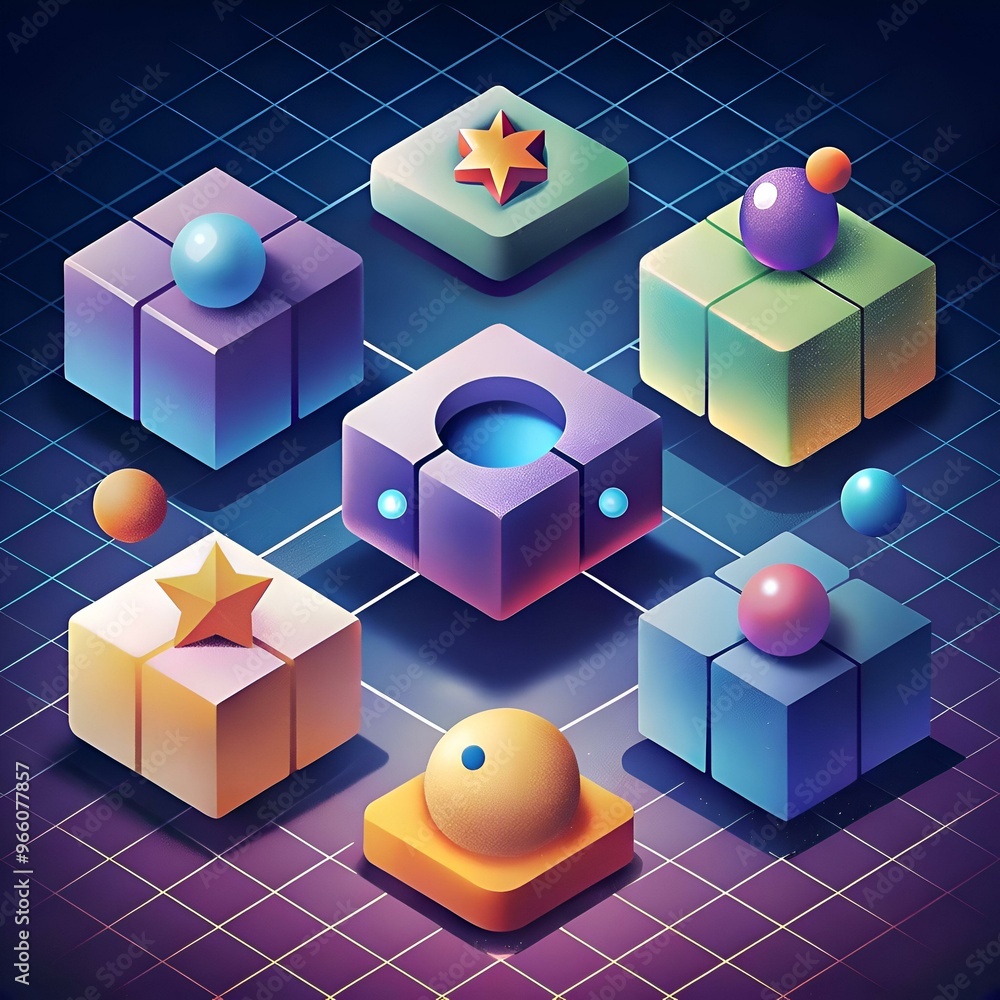 Abstract geometric shapes with vibrant colors and glowing orbs create a ...