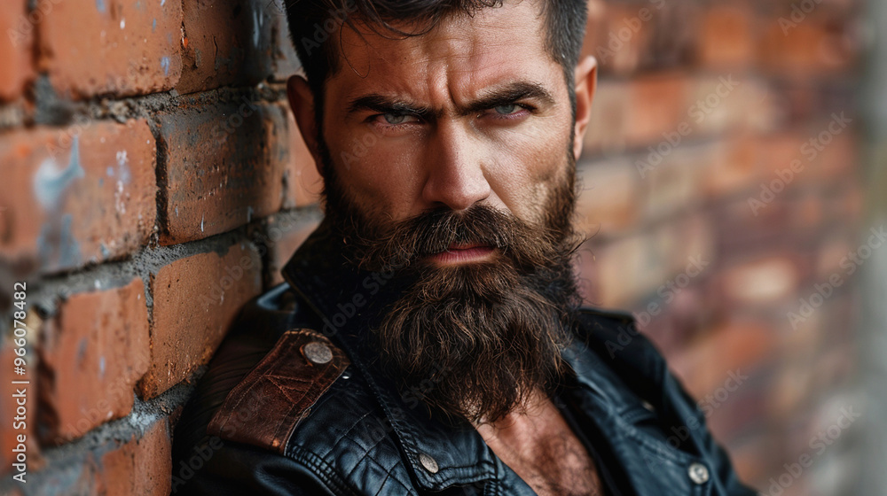 A close-up shot of a man with a rugged beard and intense eyes, wearing ...