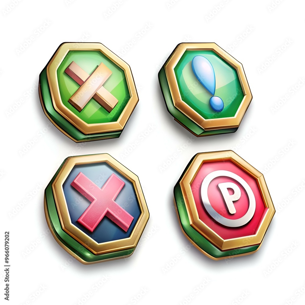 A set of four 3D game UI icons featuring various symbols: a cross. an ...