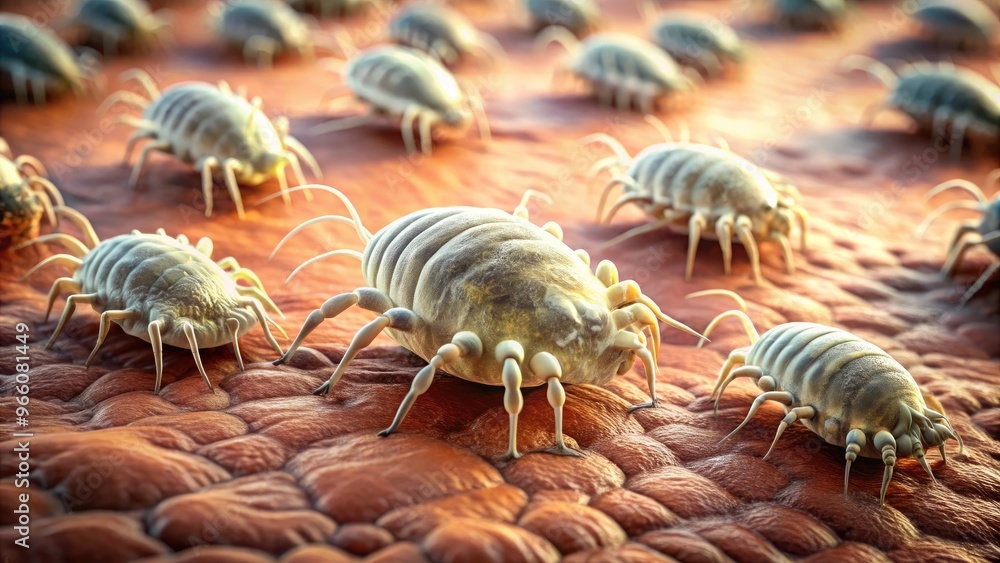 Microscopic view of demodex mites on human skin, illustrating the tiny ...