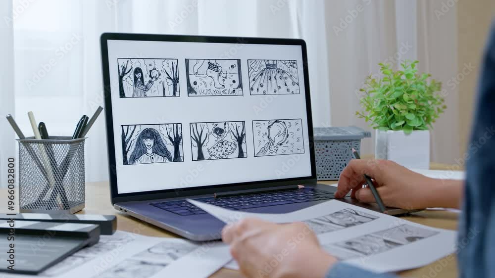 Storyboard of scenes on a laptop screen. Shots with characters drawn by ...