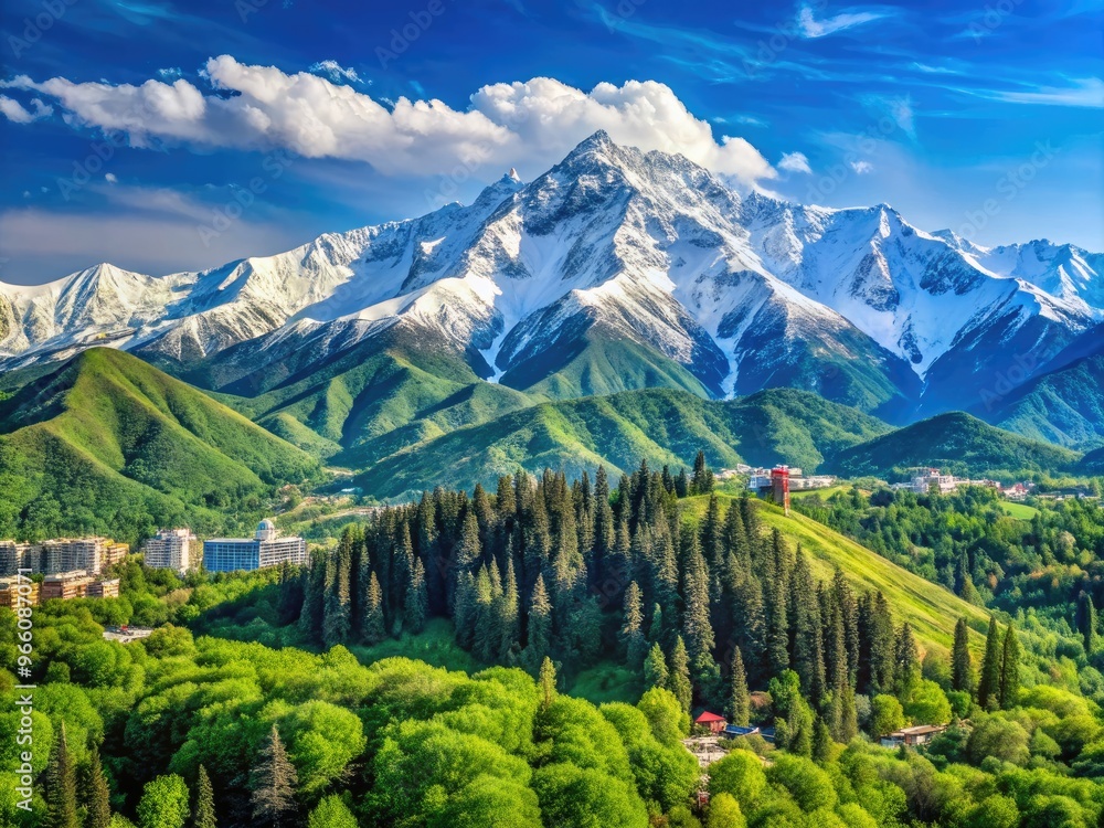 Panoramic view of snow-capped Kok Tobe Mountain, a prominent landmark ...