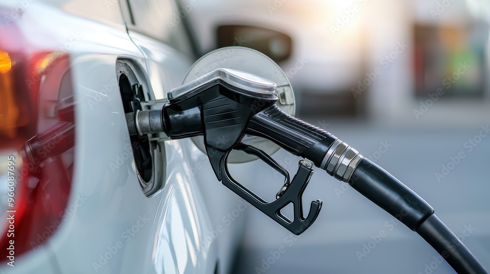 White car refueling at a gas station during daylight with a fuel pump ...