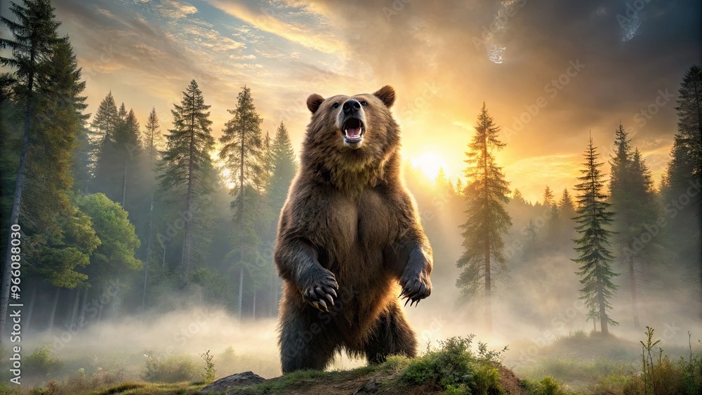 Powerful grizzly bear stands upright on hind legs, mouth open in a ...