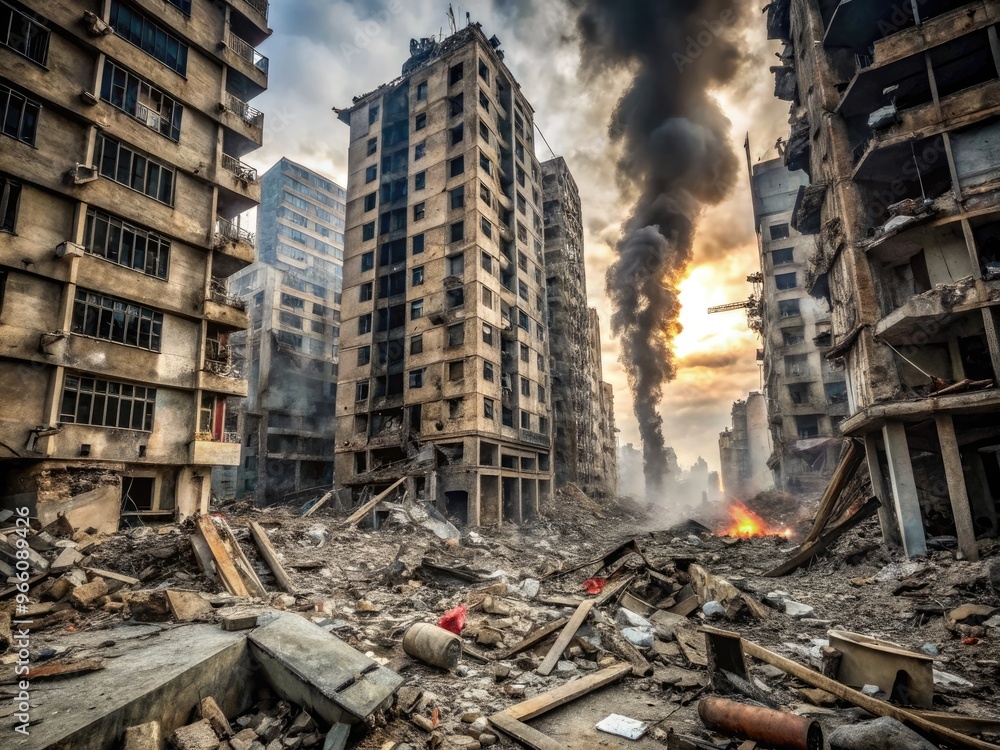 Rubble-filled streets surround a crumbling, smoke-stained high-rise ...