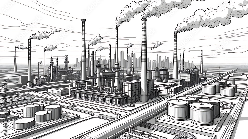 Line drawing depicting an industrial landscape featuring an oil ...