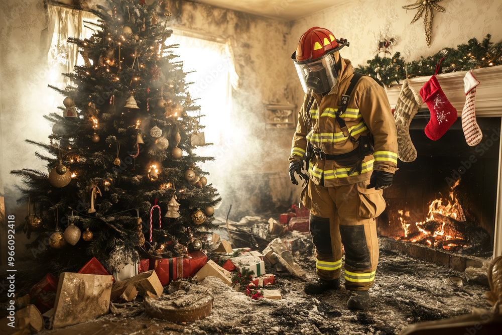 Firefighter inspecting aftermath of Christmas tree fire in decorated ...