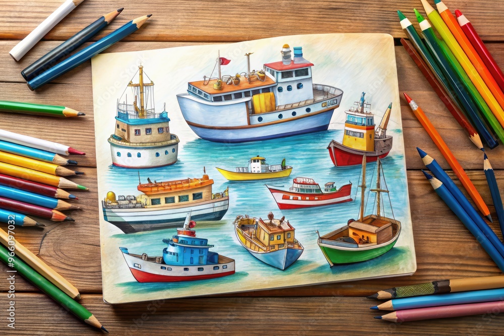 Sketchbook Pages With Colorful Pencil Drawings Of Boats And Ships Of ...