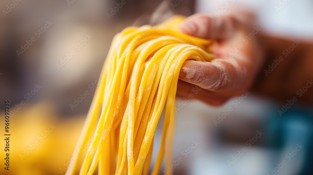 A close-up image showing a hand holding freshly made pasta ...