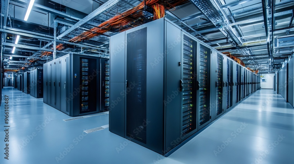 Interior of a server room with rows of black server racks, a raised ...