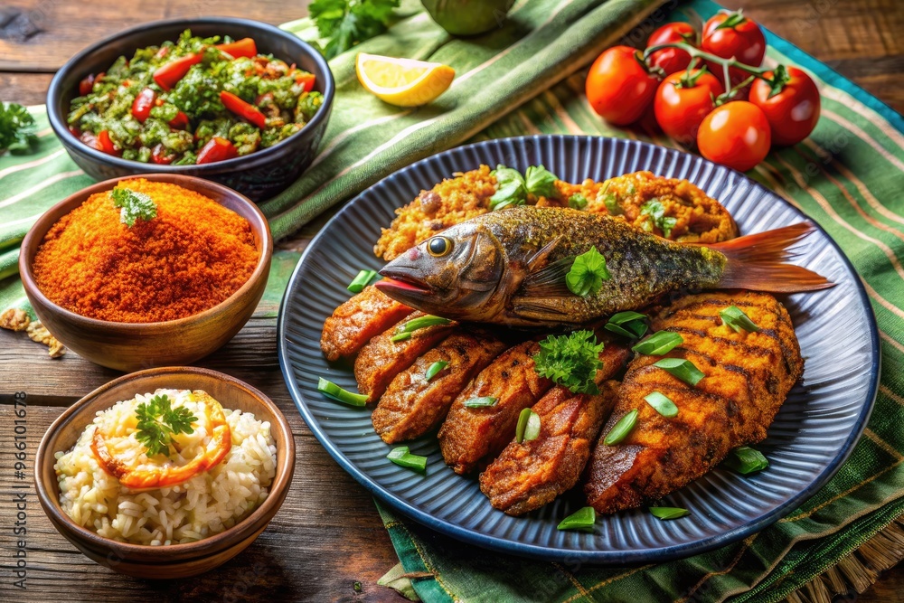 Traditional Ghanaian cuisine featuring jollof rice, banku, and grilled ...