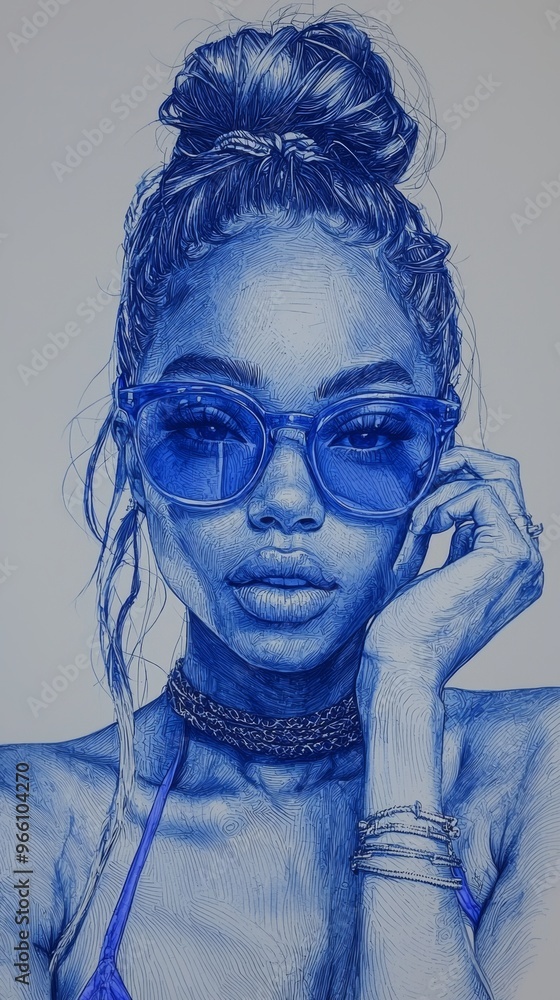 Artistic blue ink sketch of a fashionable woman with bun wearing shades ...