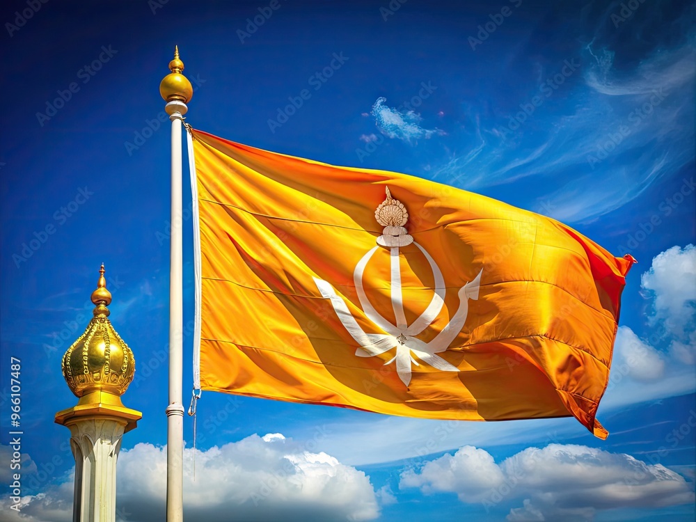 Vibrant colors of the Nishan Sahib, a majestic Sikh flag, waving ...