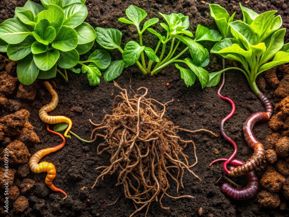 Vibrant plants with visible roots and colorful worms in rich soil ...