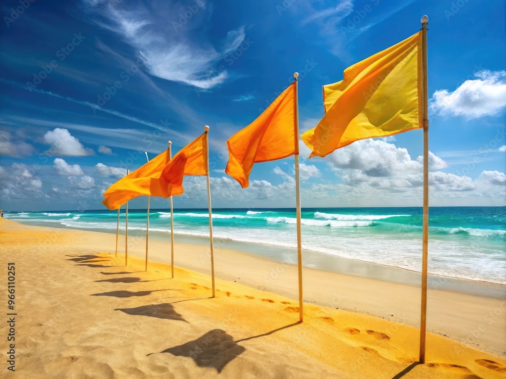 Vibrant orange and yellow flags wave in the ocean breeze, standing tall ...