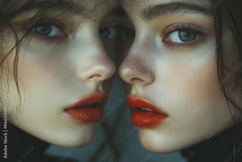 surreal double portrait with mirror effect creating symmetrical duality ...