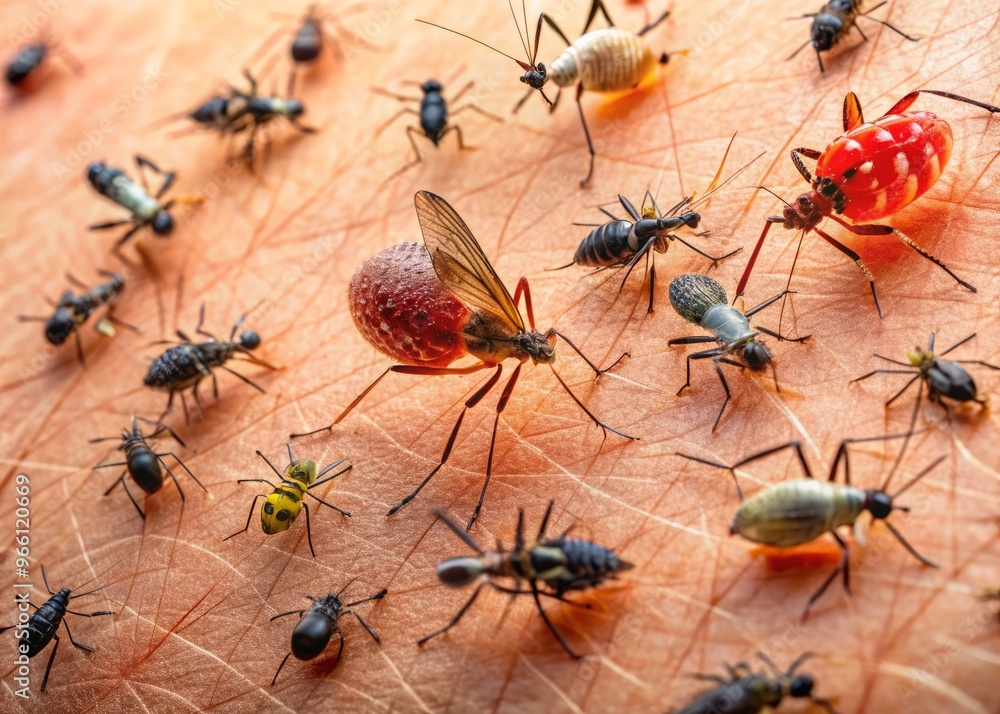 Close-up of various insect bites on human skin, showcasing distinctive ...