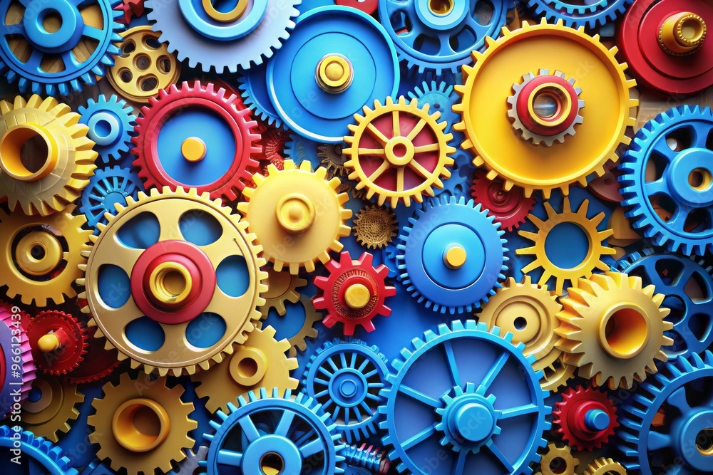 Colorful cartoon gears and cogs form a whimsical, dynamic composition ...