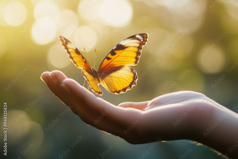 Butterfly landing on a human hand in sunlight symbolizing freedom ...