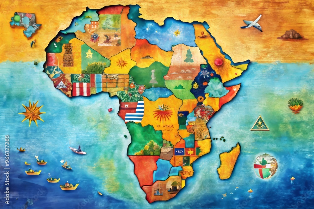 Colorful illustrated map of African countries, featuring vibrant colors ...