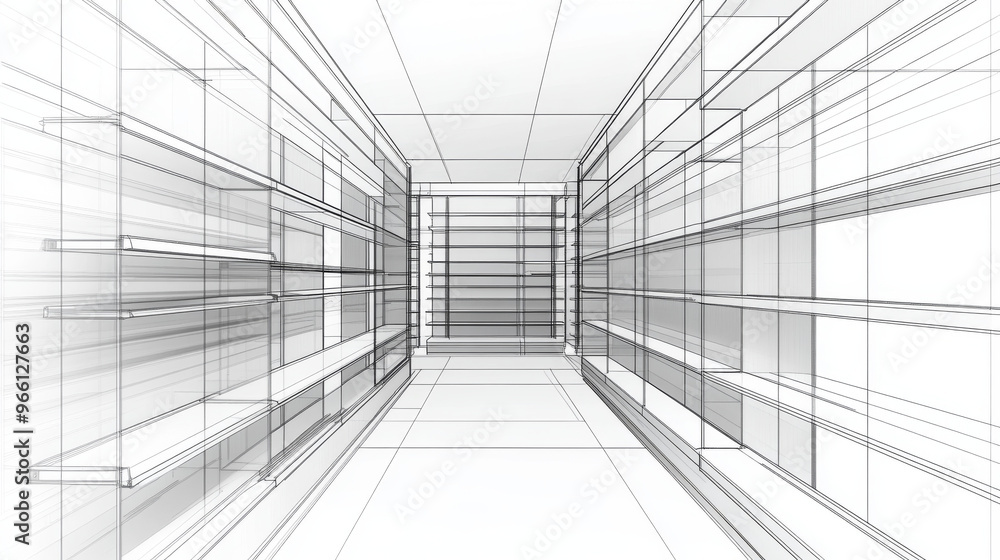 A drawing of a store layout showing display shelves with glass fronts ...