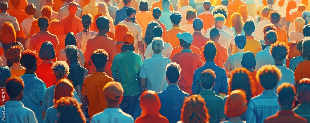 A diverse crowd of people gathered under a warm light, each person ...