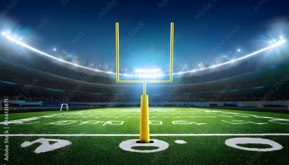 American football arena with yellow goal post, grass field and blurred ...