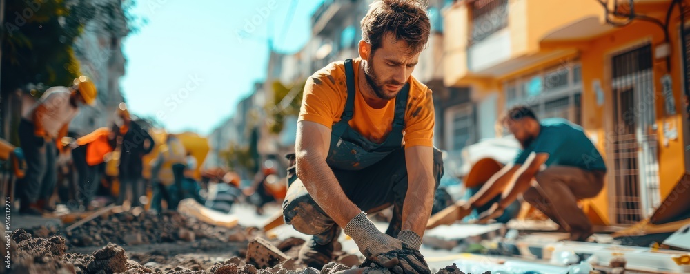 Workers in helmets and safety gear repairing streets, showcasing ...