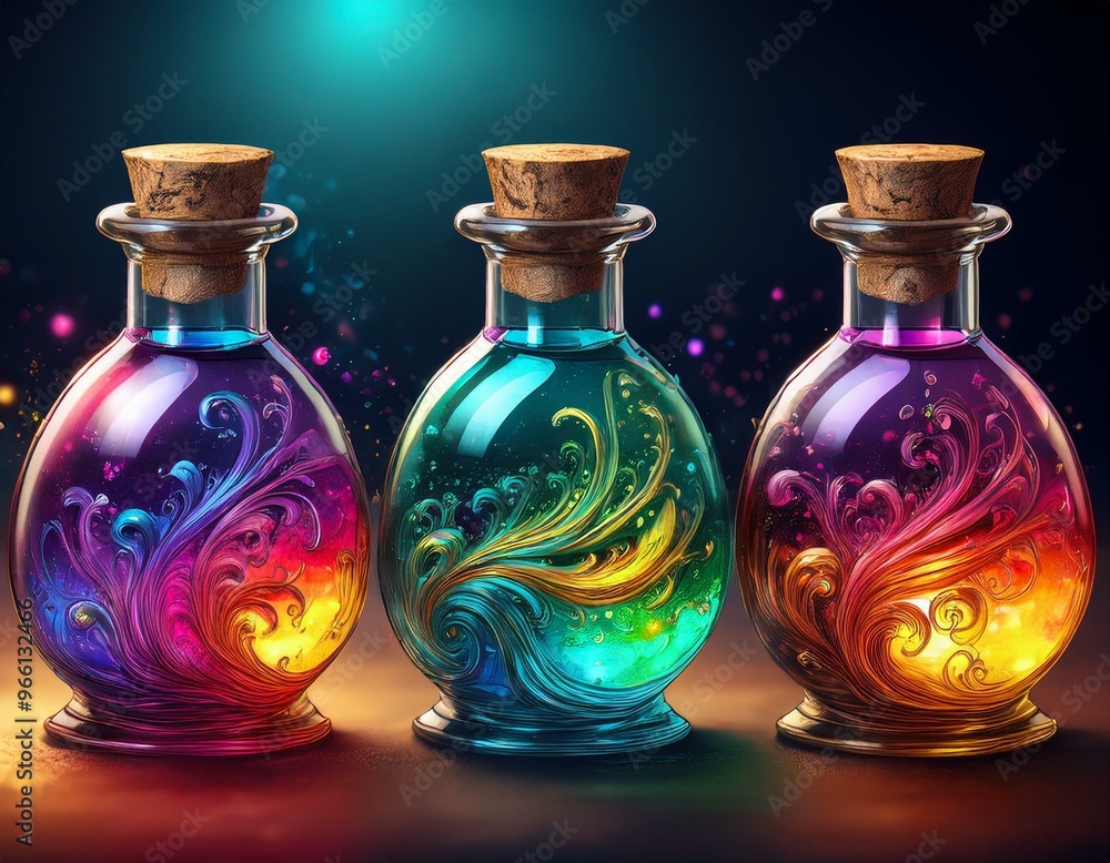 Three vibrant potion bottles filled with colorful, magical liquids. The ...