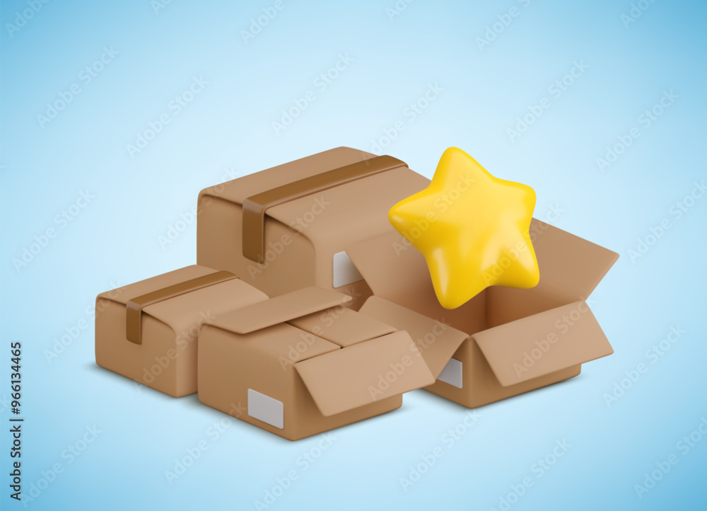Vector cartoon 3d illustration boxes pile with gold star inside. Cute ...