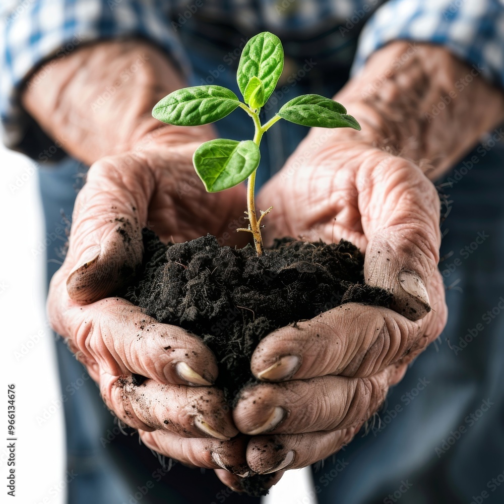 Plant in old hands isolated, young sprout, new plant growing in soil ...