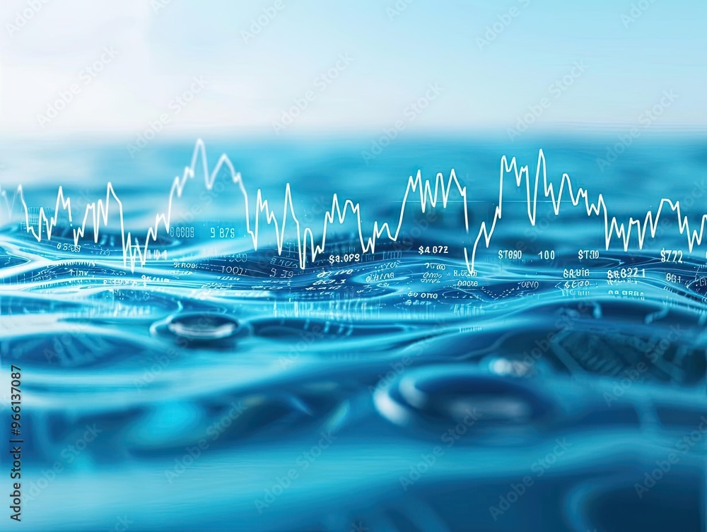 A serene coastal scene with stock market charts forming the patterns of ...