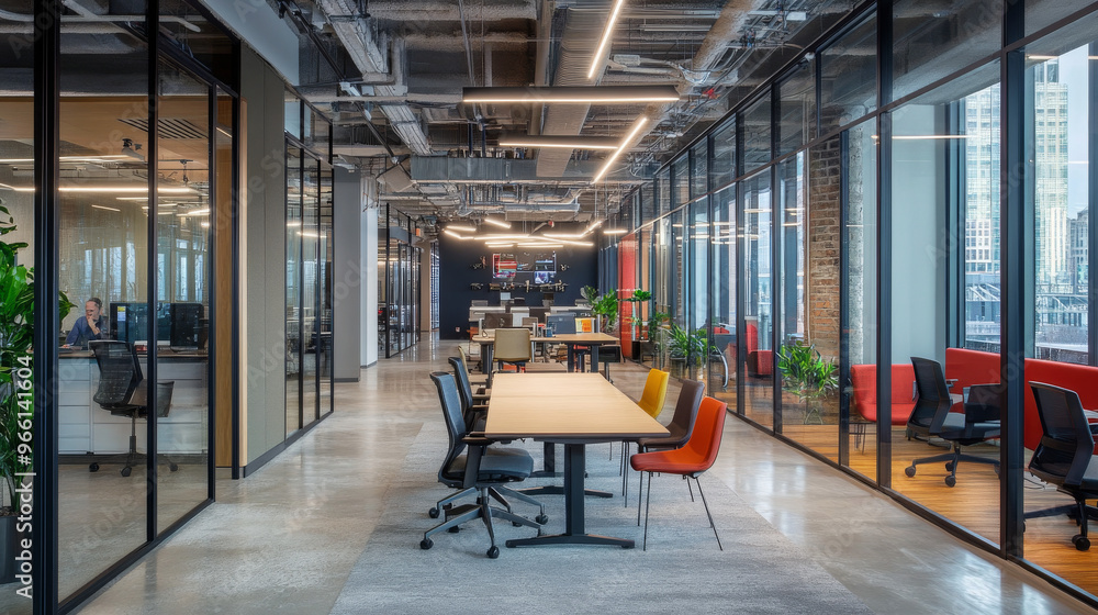 A modern office with different workspaces. There's a conference room ...