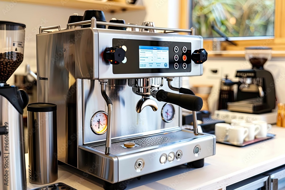 A hightech espresso machine with a touch screen showing a cleaning ...