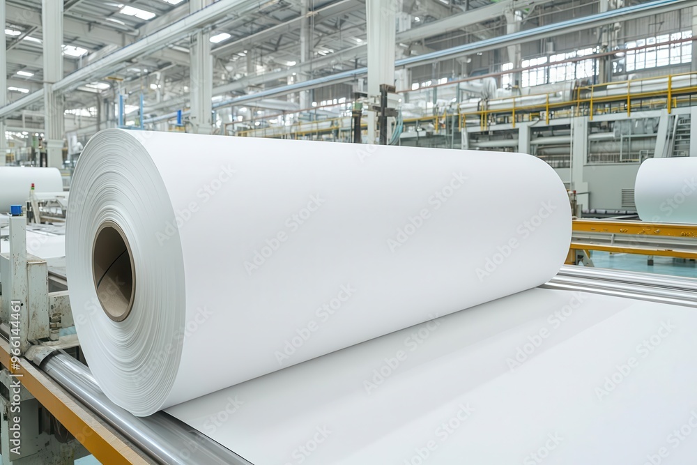 Giant roll of paper spinning on a mechanical roller in a factory ...